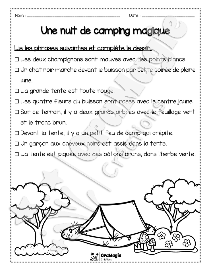 Compréhension de lecture - Lis et colorie - Une nuit de camping magique ...