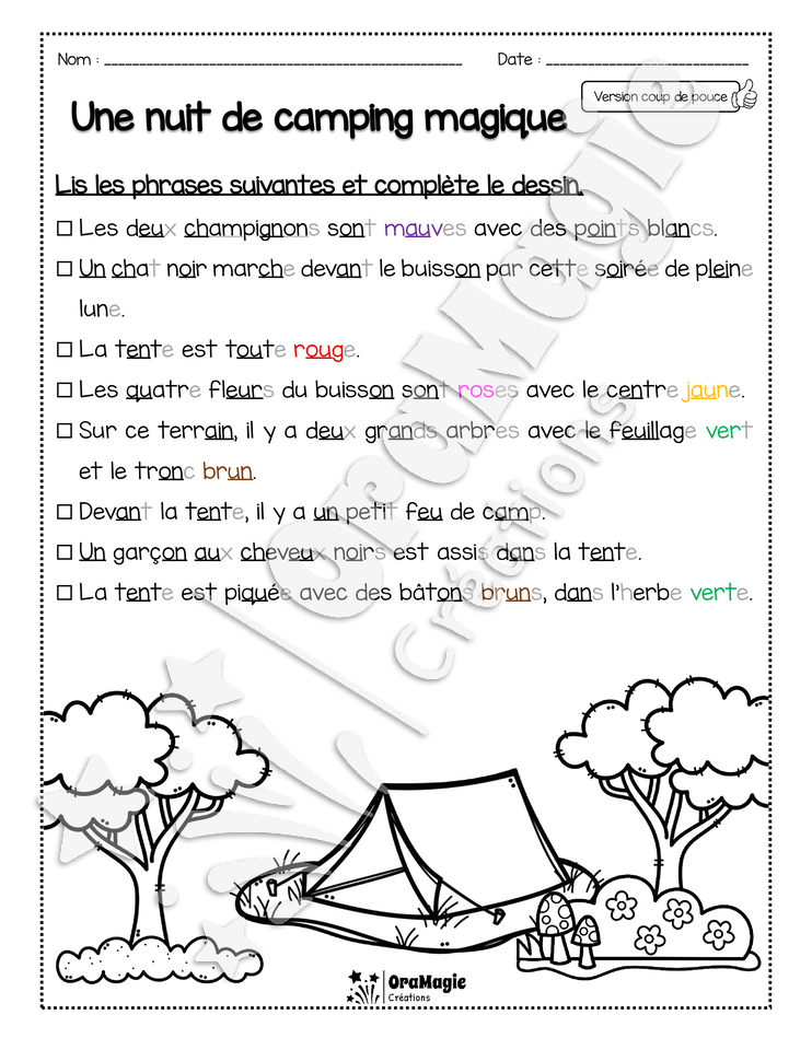 Compréhension de lecture - Lis et colorie - Une nuit de camping magique ...