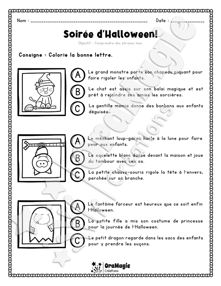 Compréhension de lecture - Trouve la bonne phrase - Soirée d'Halloween - 2e année | OraMagie ...