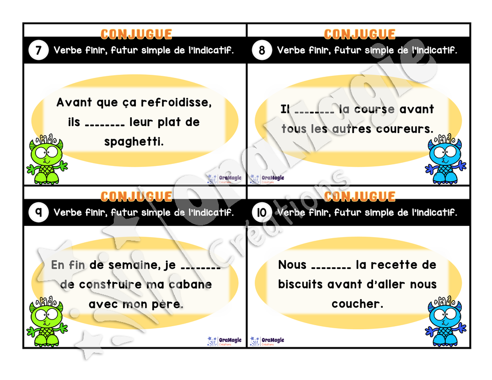 Cartes à tâches - Mon verbe en cartes - Verbe FINIR futur simple de l ...