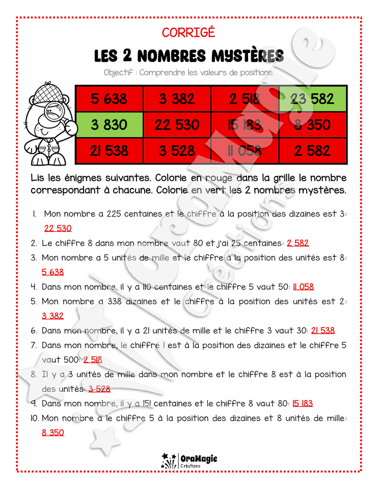 Les 2 nombres mystères - Le détective - Valeurs de positions - 4e année ...